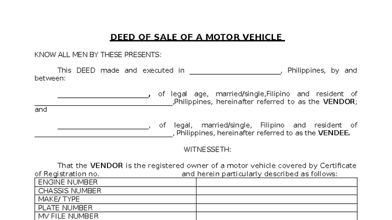 DEED OF SALE OF MOTOR VEHICLE - SAMPLE DOCUMENT - Studocu