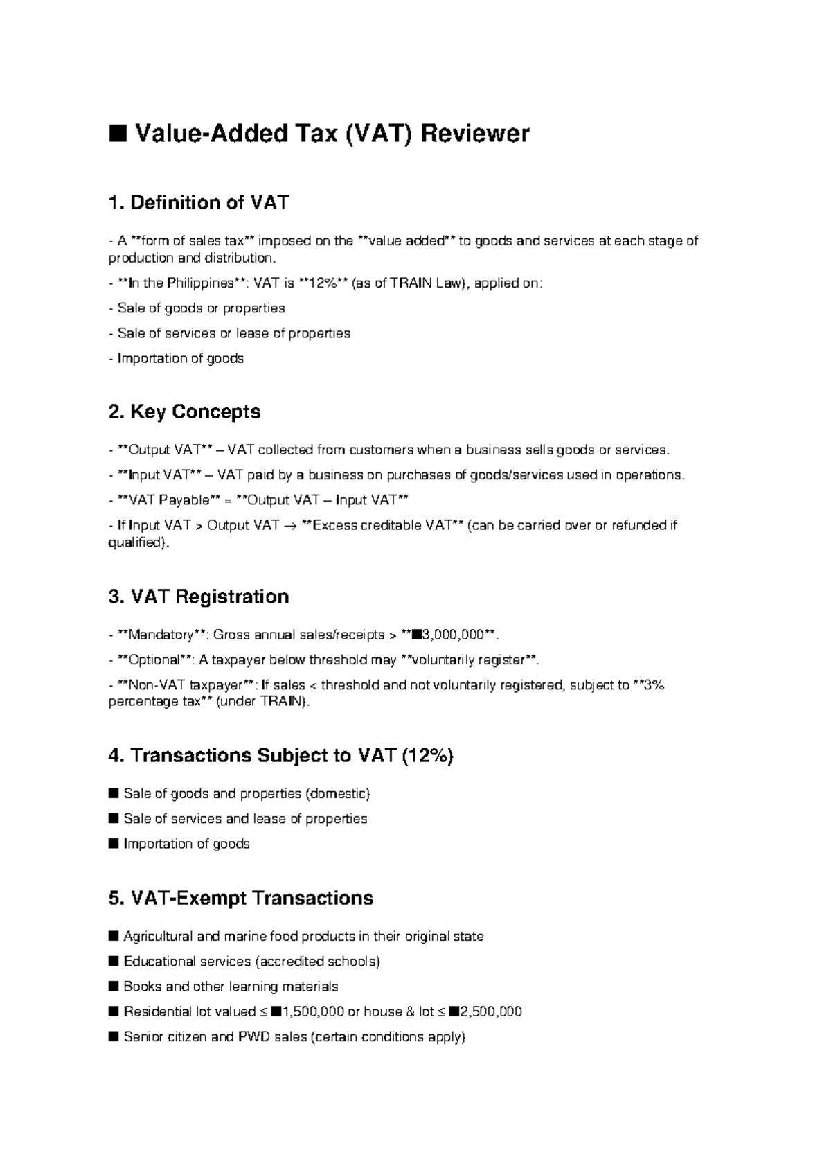 VAT Reviewer - Key Concepts and Computation Notes - Studocu
