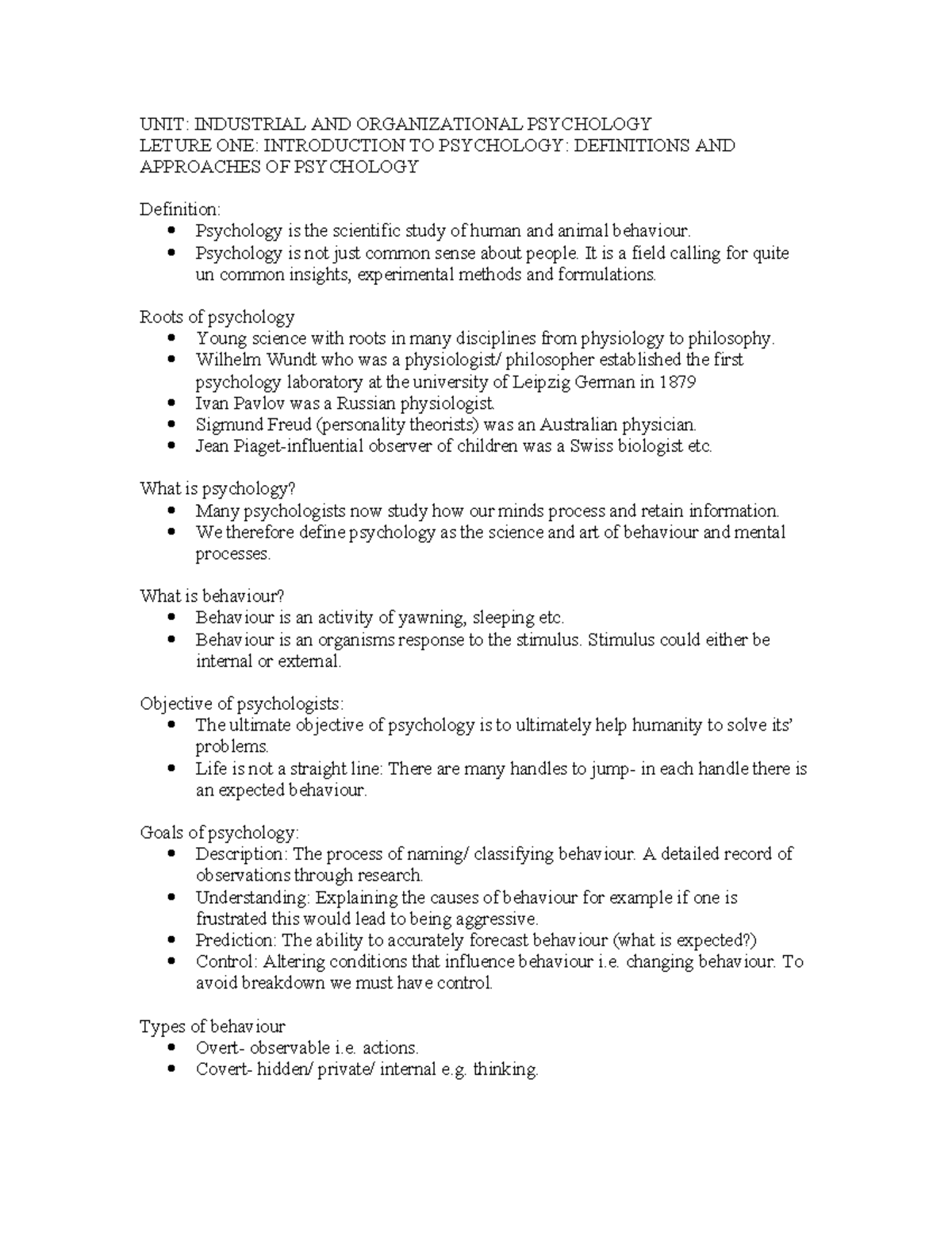 INDUSTRIAL PSYCHOLOGY LECTURE ONE: INTRODUCTION TO PSYCHOLOGY - Studocu