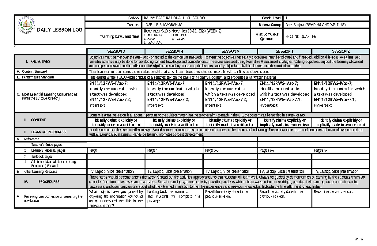 DLL RWS 2nd Q WEEK-2 - GHJK - DAILY LESSON LOG School BAHAY PARE ...