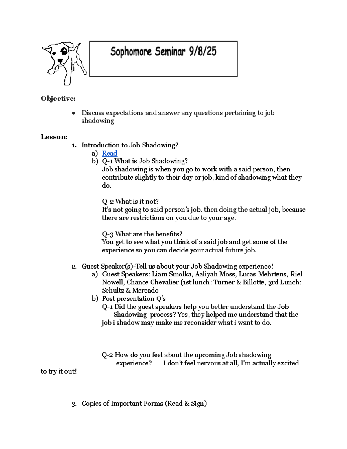 Cage Vaughan - Lesson Plan 9-8-25: Intro to Job Shadowing - Studocu