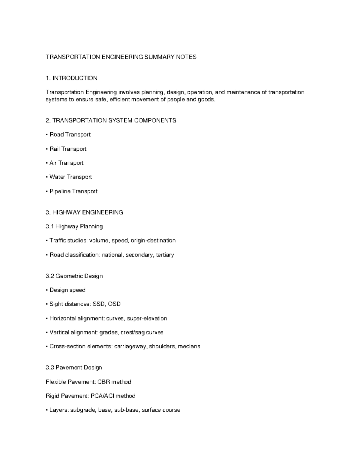 TRANSPORTATION ENGINEERING SUMMARY NOTES (TE 101) - Studocu