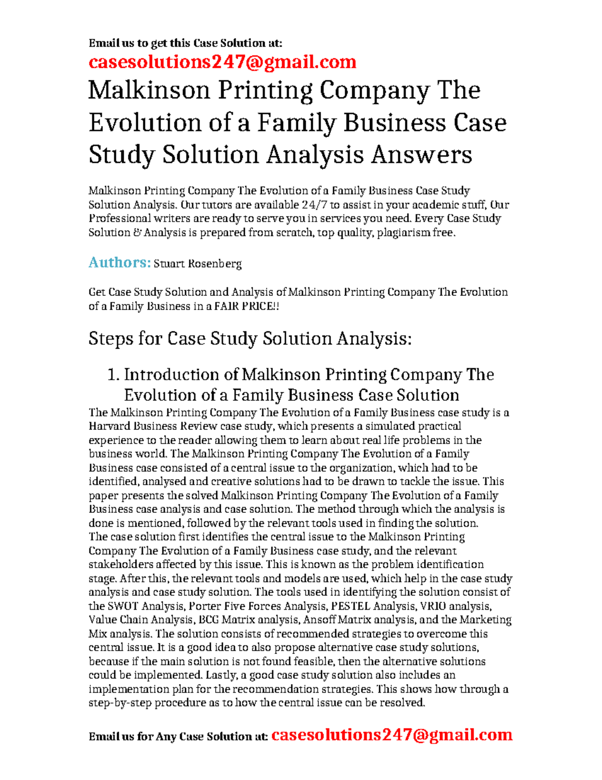 MALKINSON PRINTING CO. HBR Case Study Solution Analysis Insights - Studocu