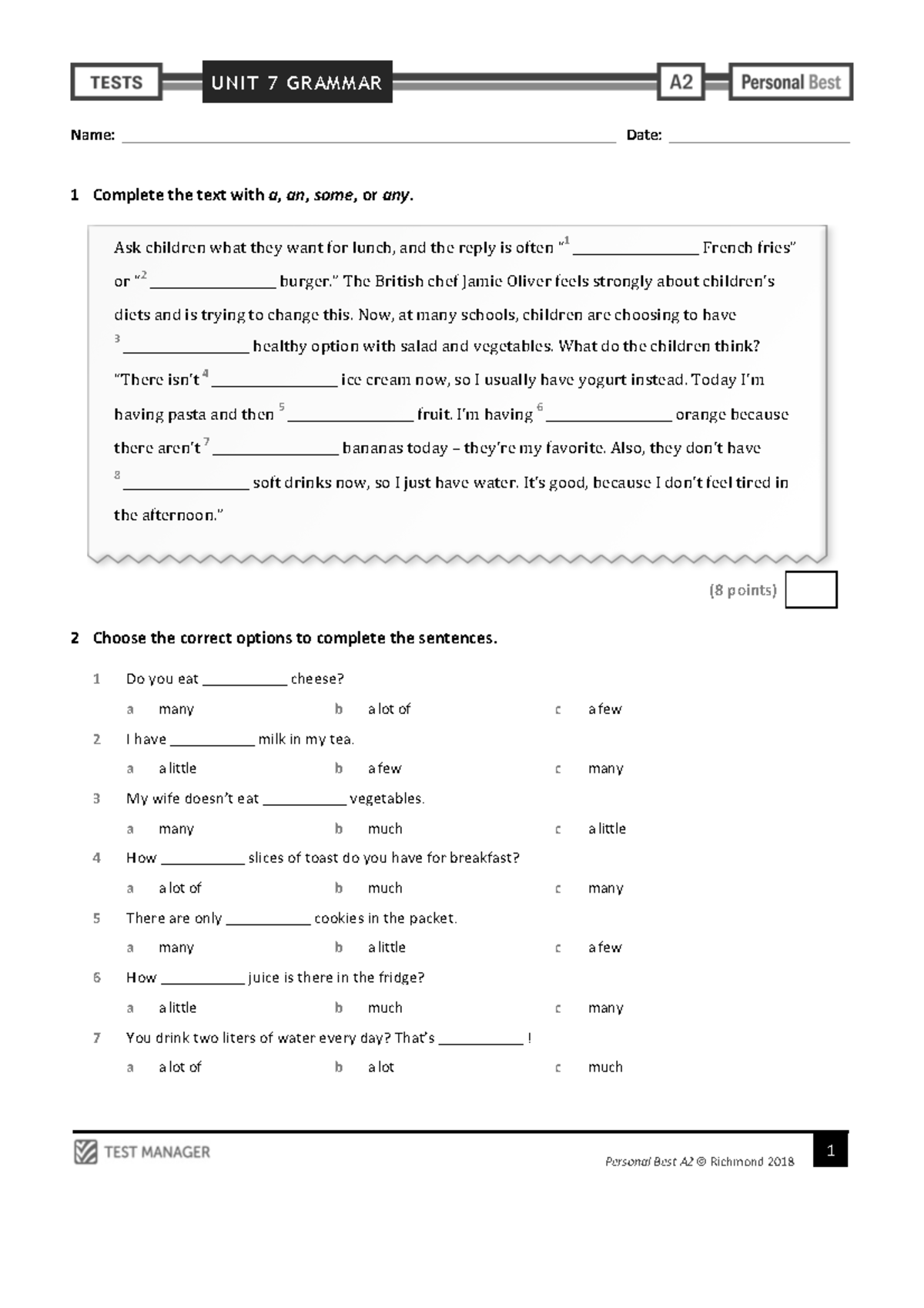 Personal Best A2 Unit 7 Grammar Test 2018 Review - Studocu
