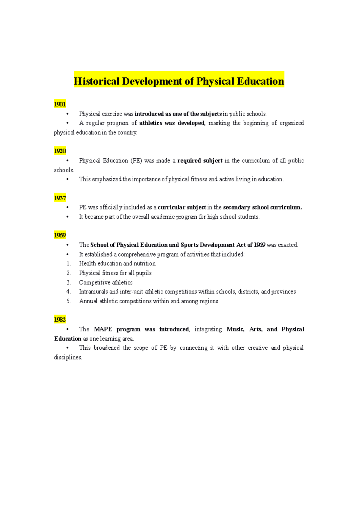 Historical Development of Physical Education (PE) 1901-1987 - Studocu