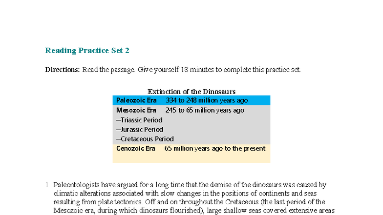 TOEFL iBT® Reading Practice Set 2: Extinction of Dinosaurs - Studocu