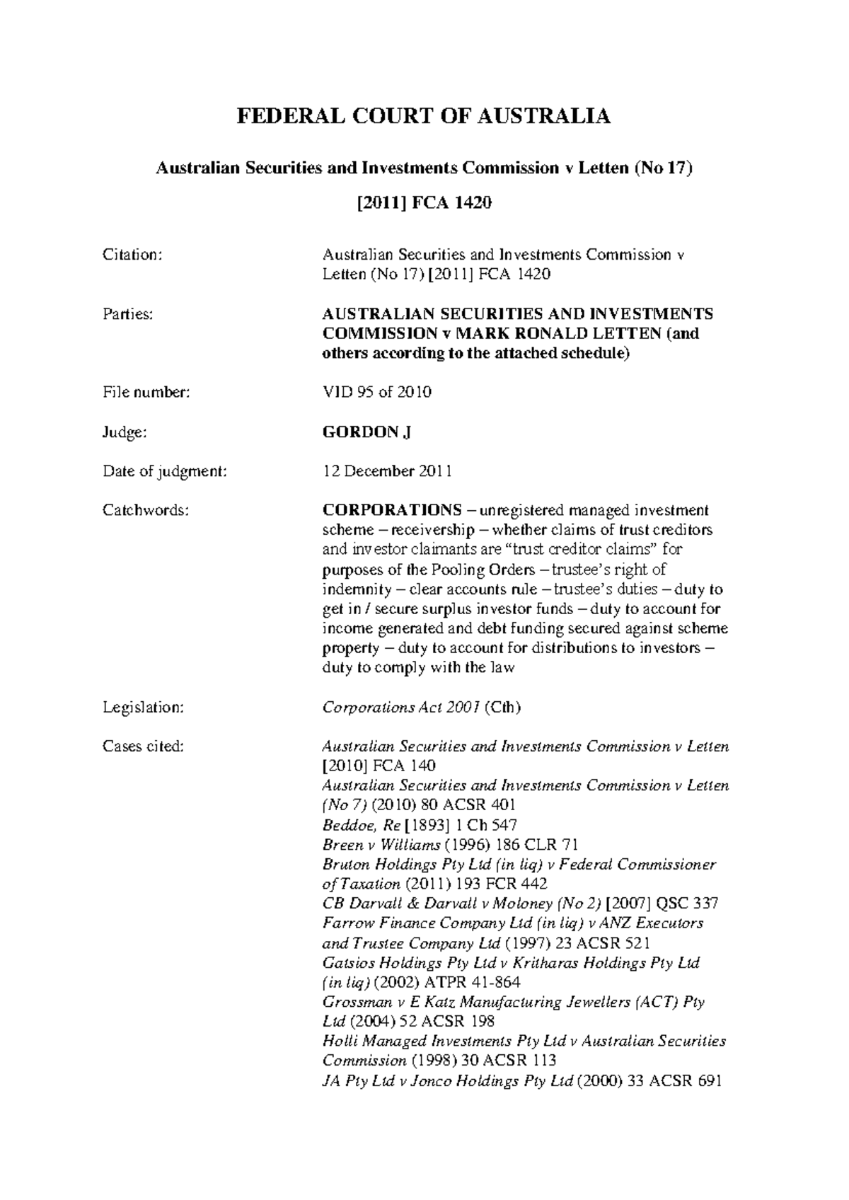 ASIC v Letten (No 17) [2011] - Judgment Analysis and Legal Principles ...