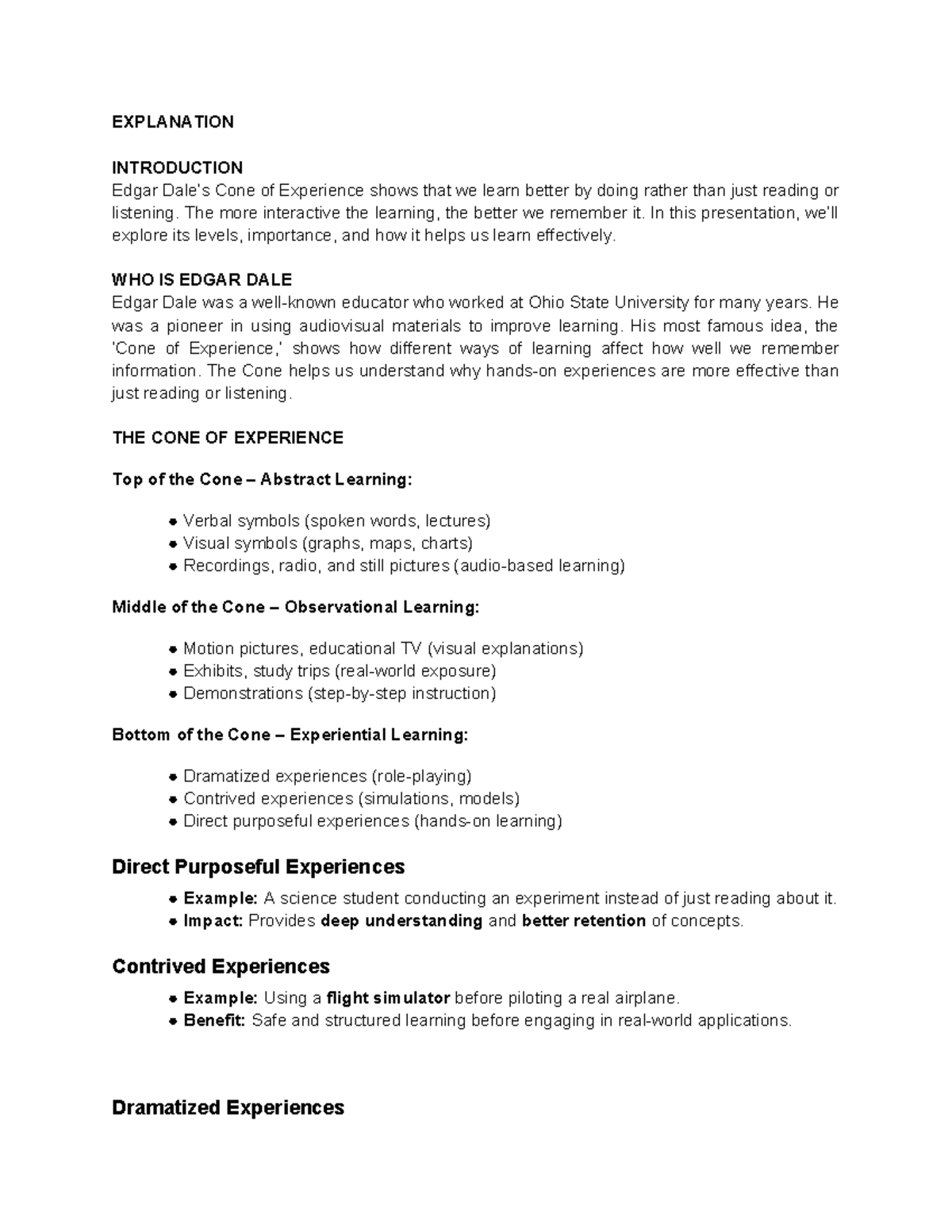 Explanation FOR Edgar DALE - EXPLANATION INTRODUCTION Edgar Dale’s Cone ...