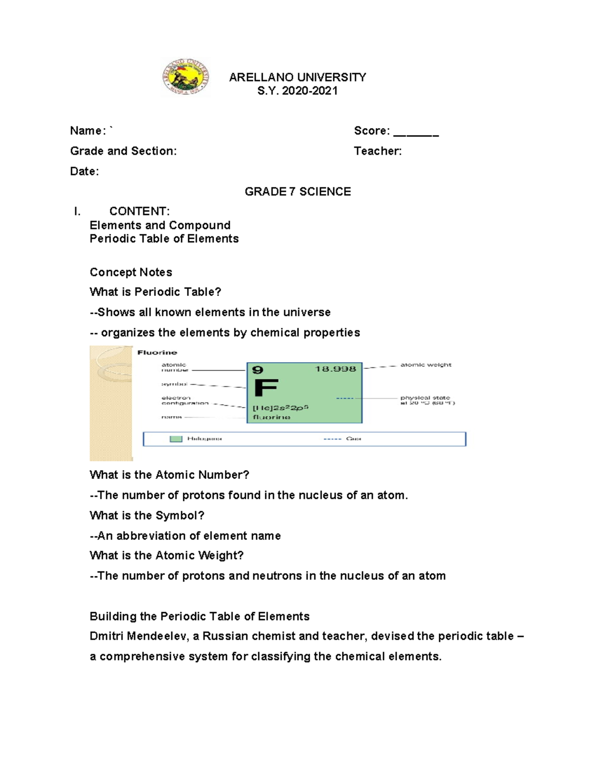 Grade 7 Science: Elements & Compounds Concept Notes - Studocu