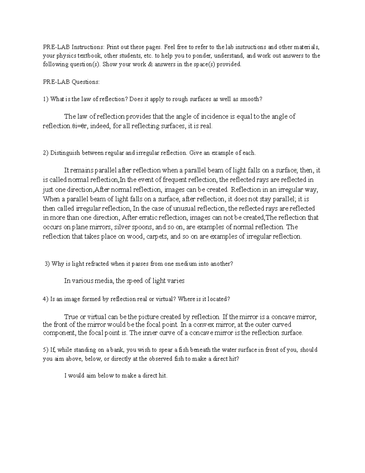 Phys 2426 Reflection & Refraction Pre-Lab Instructions and Questions ...