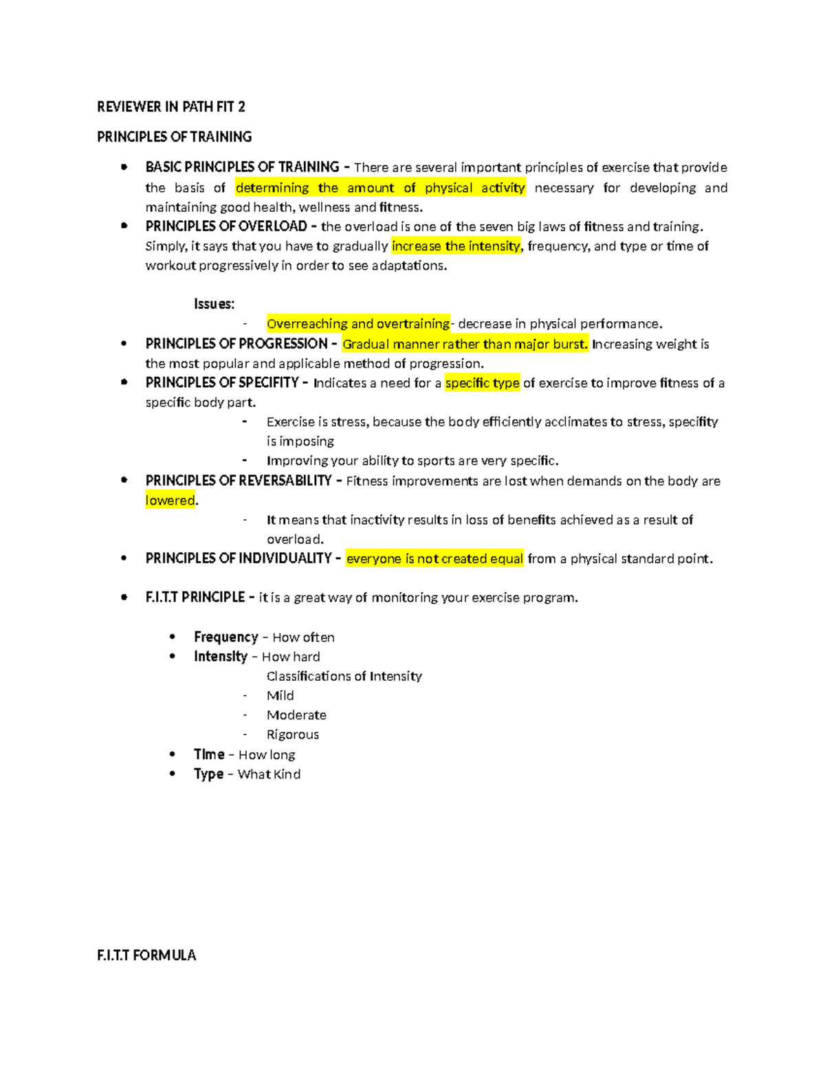 REVIEWER IN PATH FIT 2: PRINCIPLES OF TRAINING & CRF - Studocu