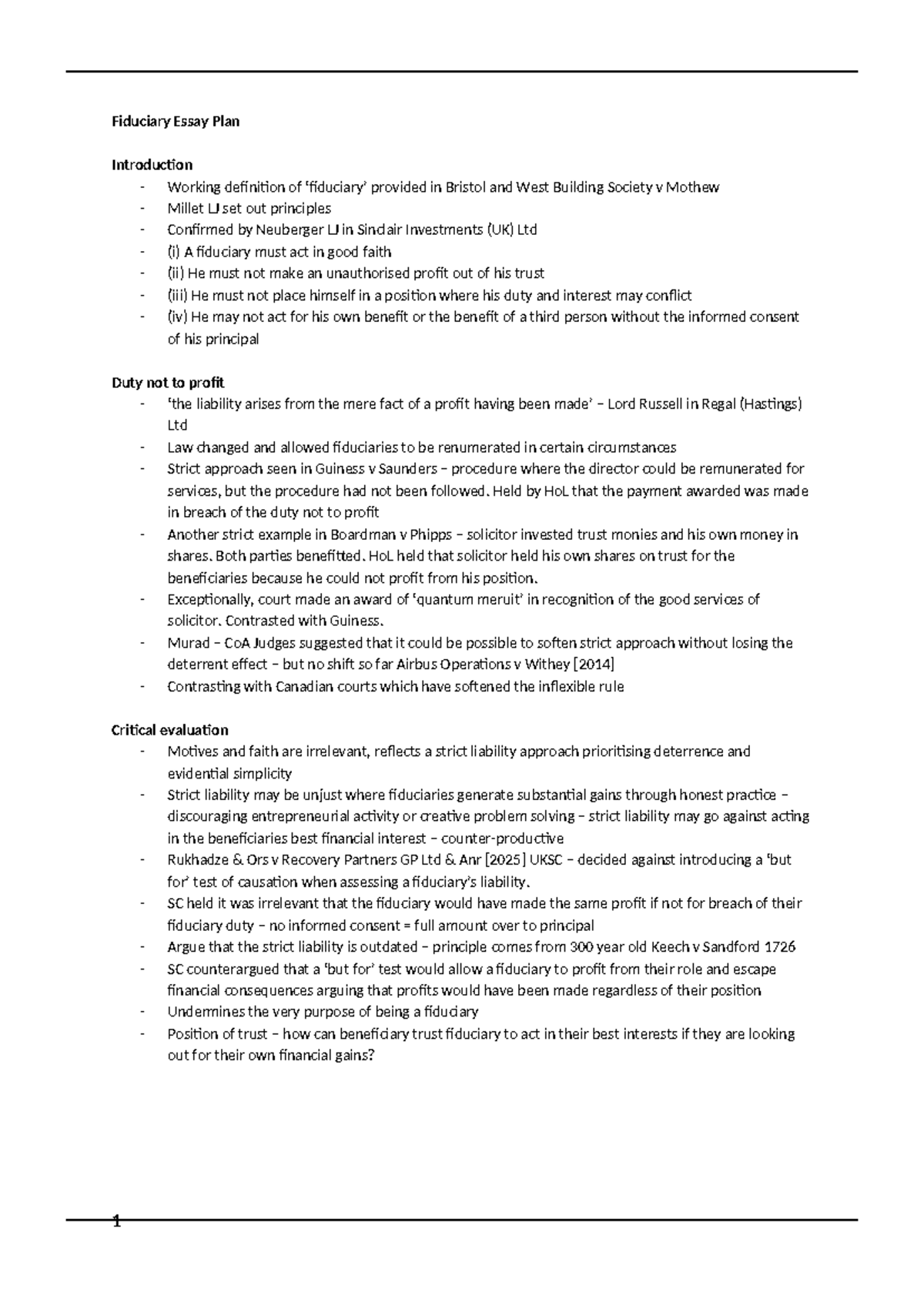 Fiduciary Essay Plan: Analyzing Duty and Profit in Law - Studocu