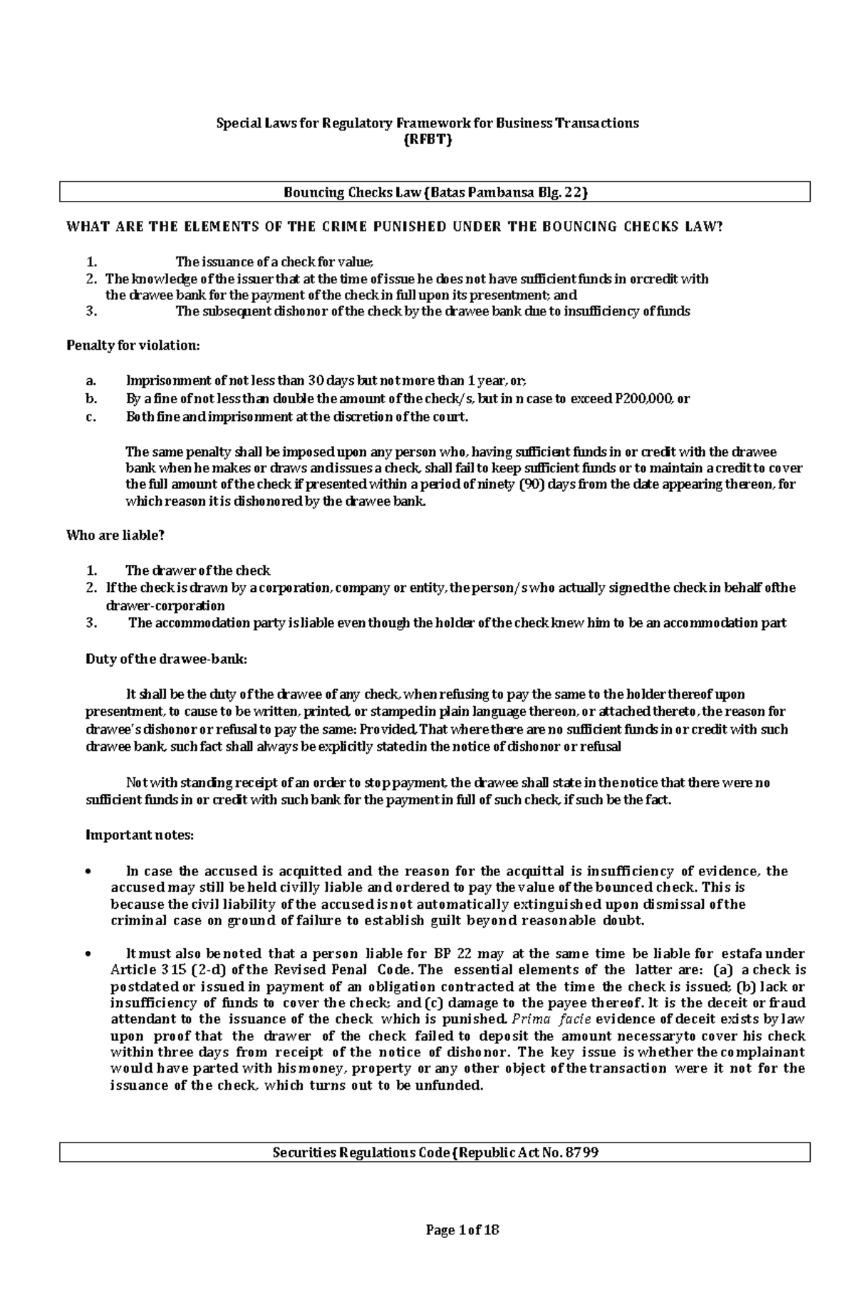 RFBT-Special-Laws: Key Insights on Bouncing Checks & Securities - Studocu