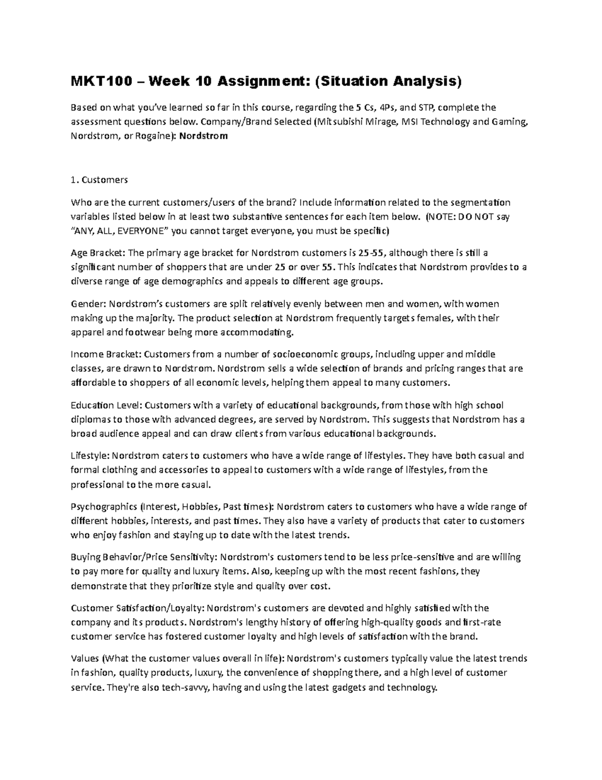 MKT100 - Week 10 Assignment - MKT100 – Week 10 Assignment: (Situation ...