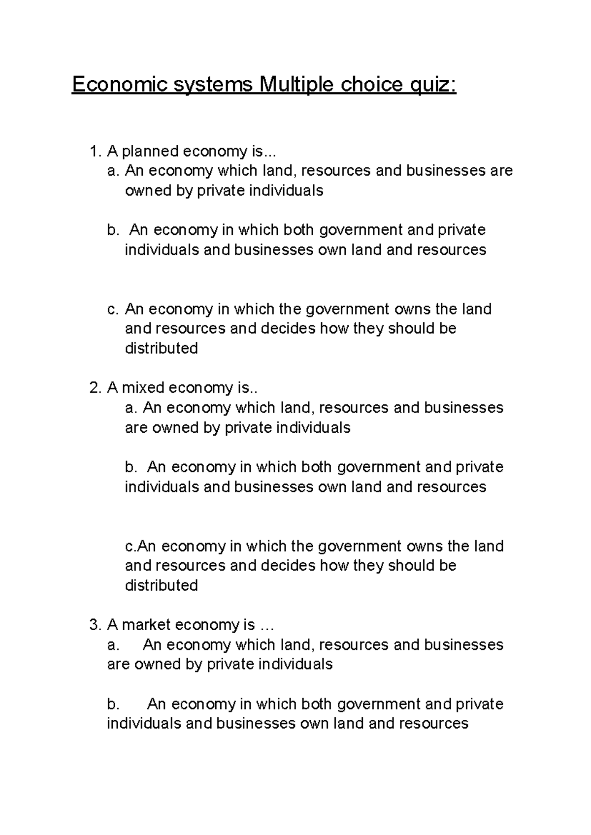 Economic Systems MCQ Quiz: Understanding Planned, Mixed, and Market ...