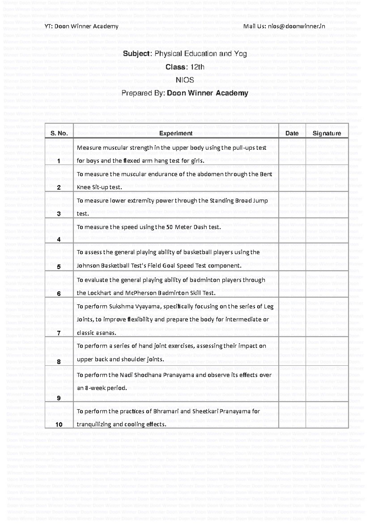 NIOS Physical Education & Yog Practical File: Class 12th Experiments ...