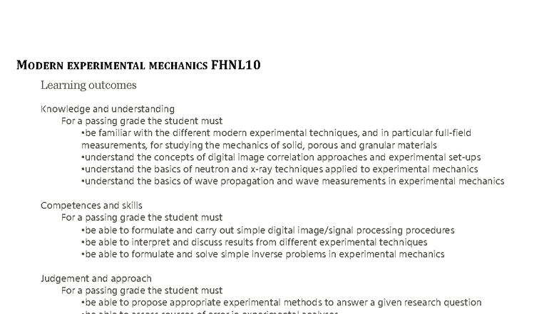 MODERN EXPERIMENTAL MECHANICS FHNL10: Assessment Criteria Overview ...