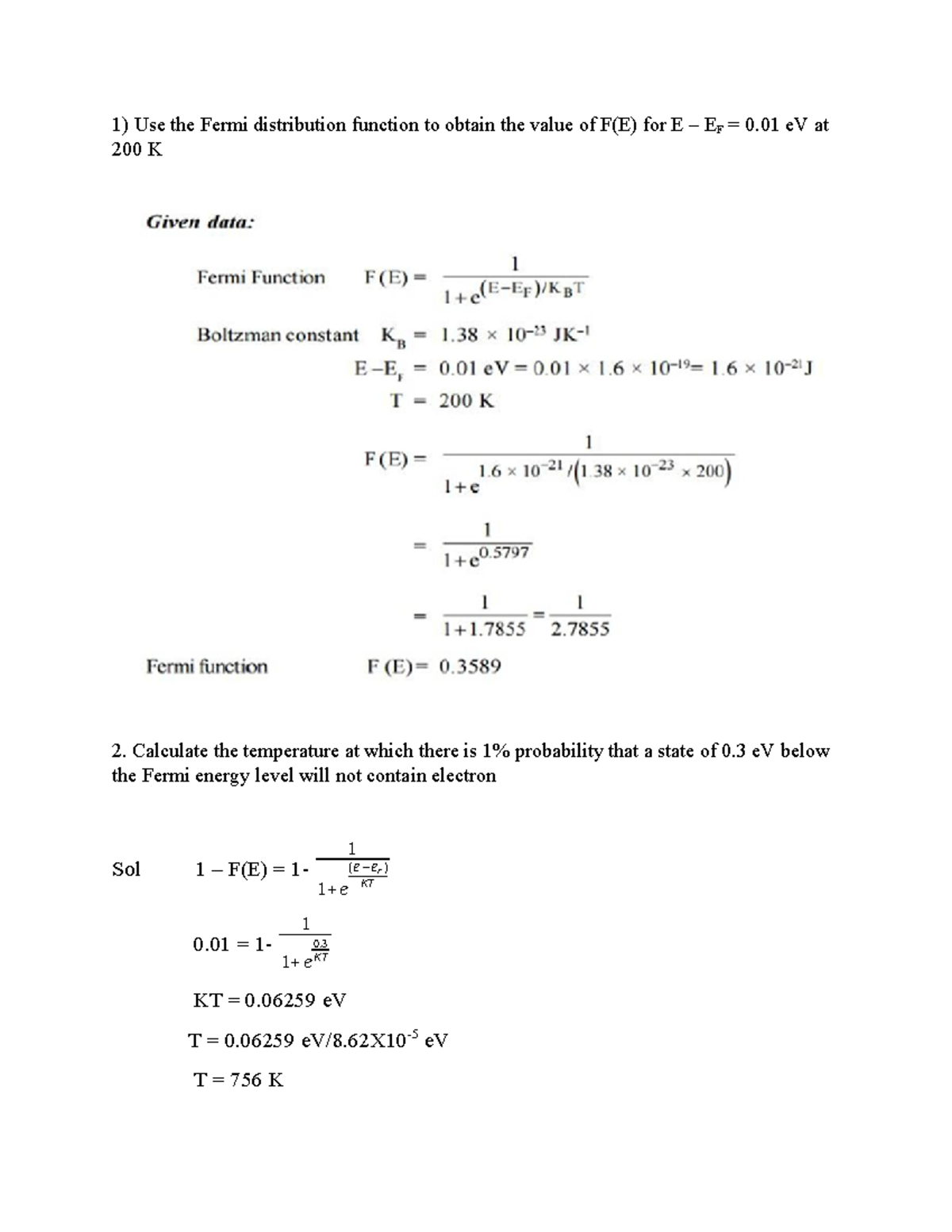 S10- short answer questions - Semiconductor physics and computational methods - 1) Use the Fermi ...