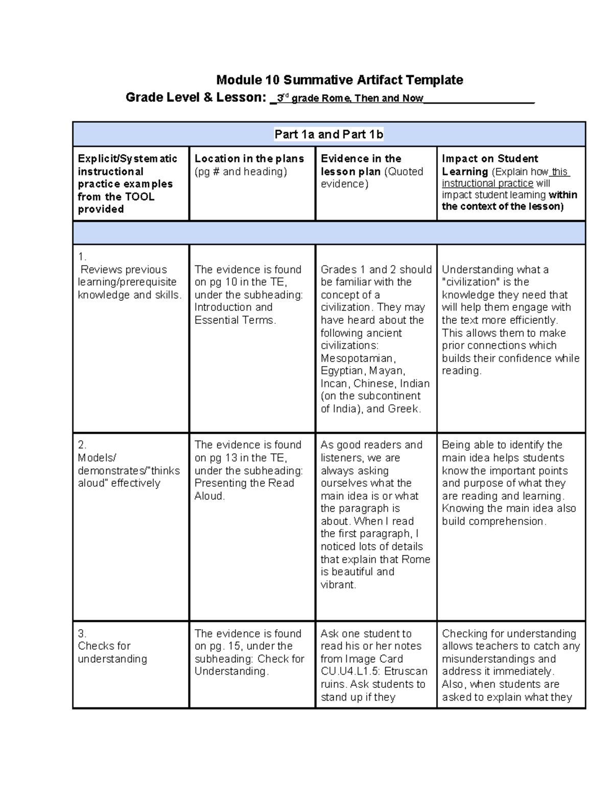 Module 10 Summative Artifact Template: 3rd Grade Lesson on Rome - Studocu