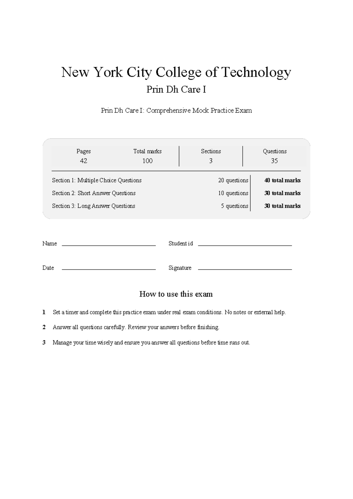 DEN 1100 Prin Dh Care I: Comprehensive Mock Practice Exam 2026 - Studocu