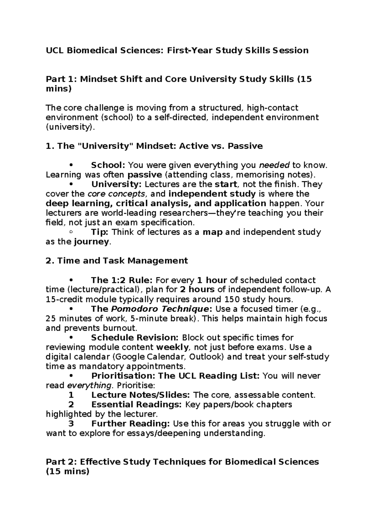UCL Biomedical Sciences: Study Skills Session Part 1 & 2 Guide - Studocu