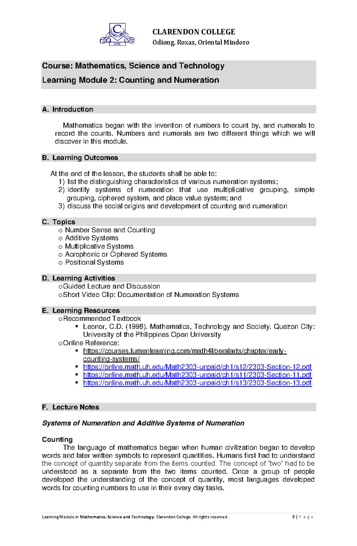 Mathematics Learning Module 2: Counting and Numeration (MST) - Studocu