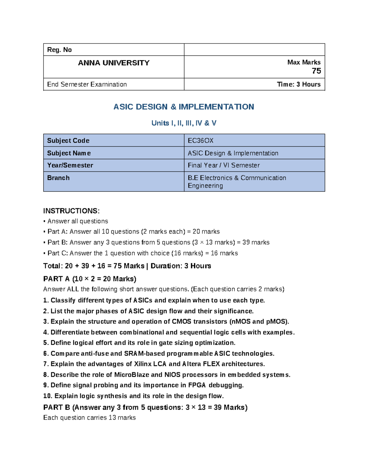 EC36OX ASIC Design Implementation Final Exam Question Paper - Studocu