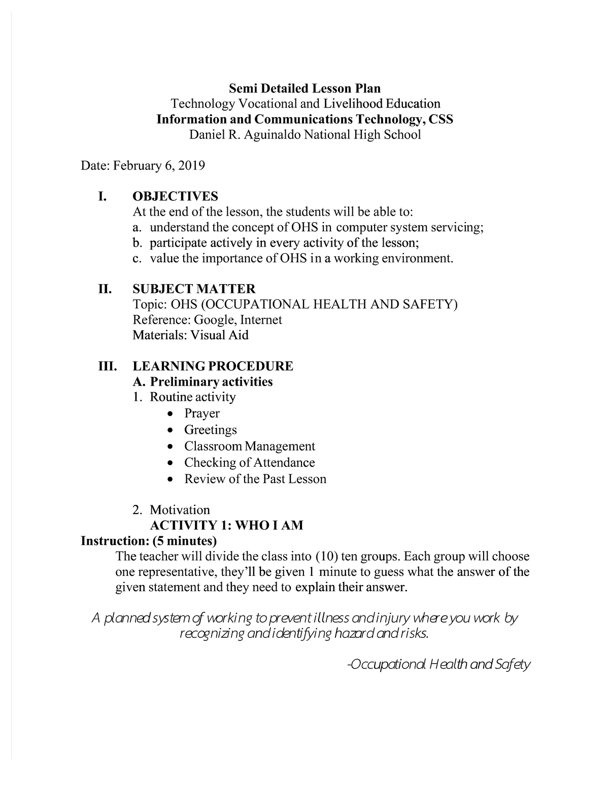 Semi-Detailed Lesson Plan on OHS in ICT, TVL Education, CSS - Studocu