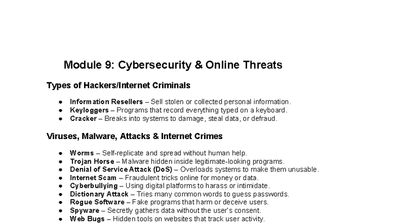 Module 9: Cybersecurity & Online Threats Overview - Studocu