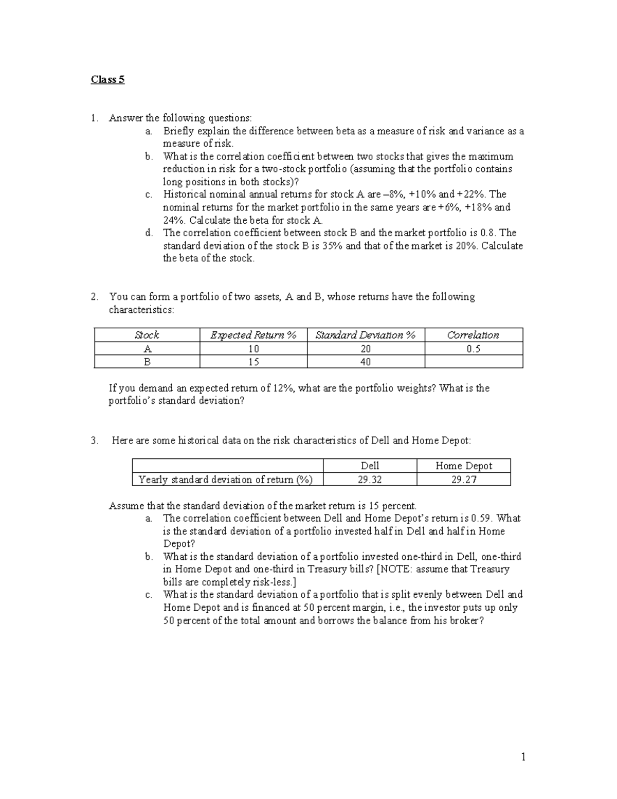 Class 5: Risk Measures and Portfolio Analysis Questions - Studocu