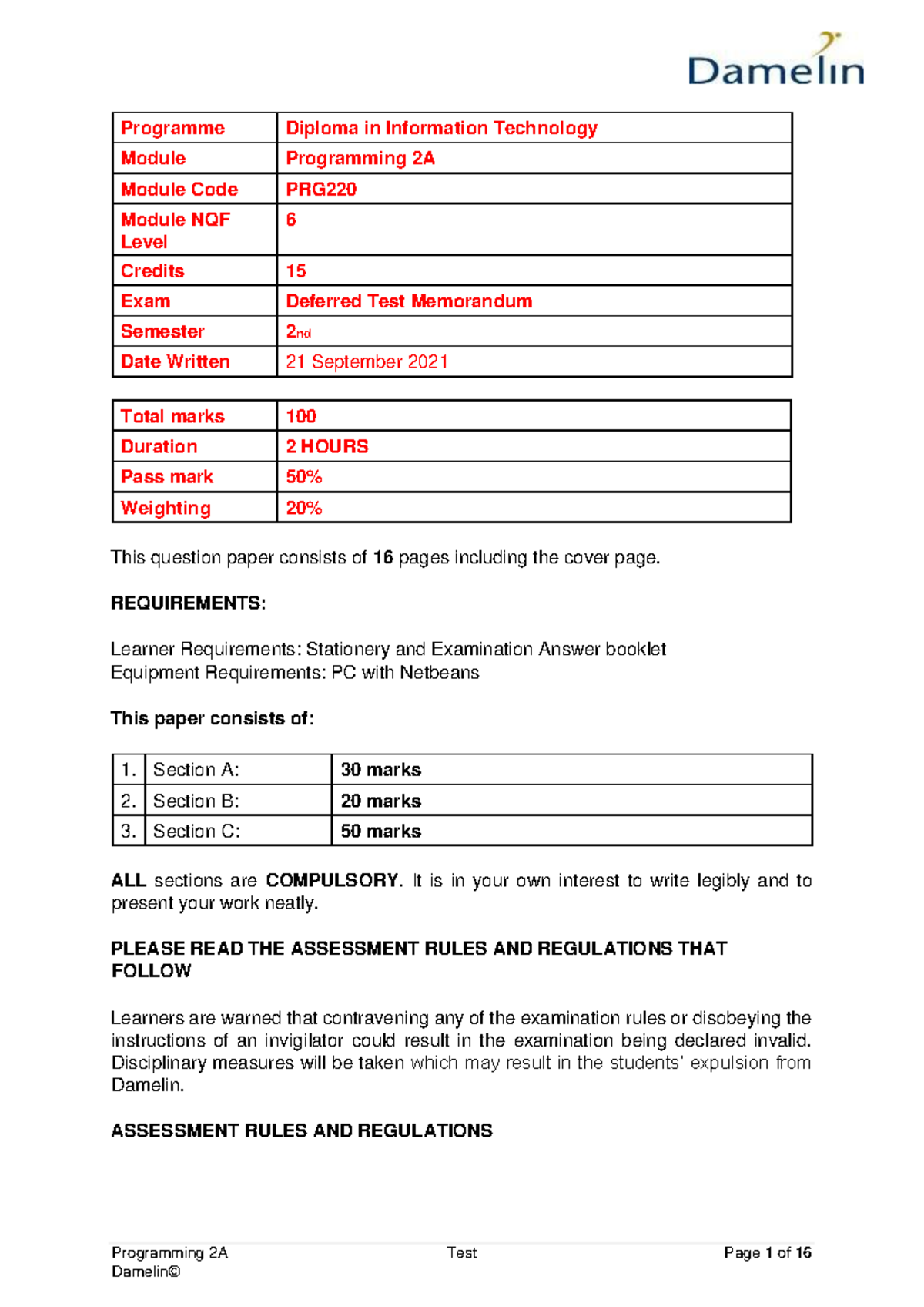 Programming 2A Deferred Test Memo - September 2021 Examination Guide ...