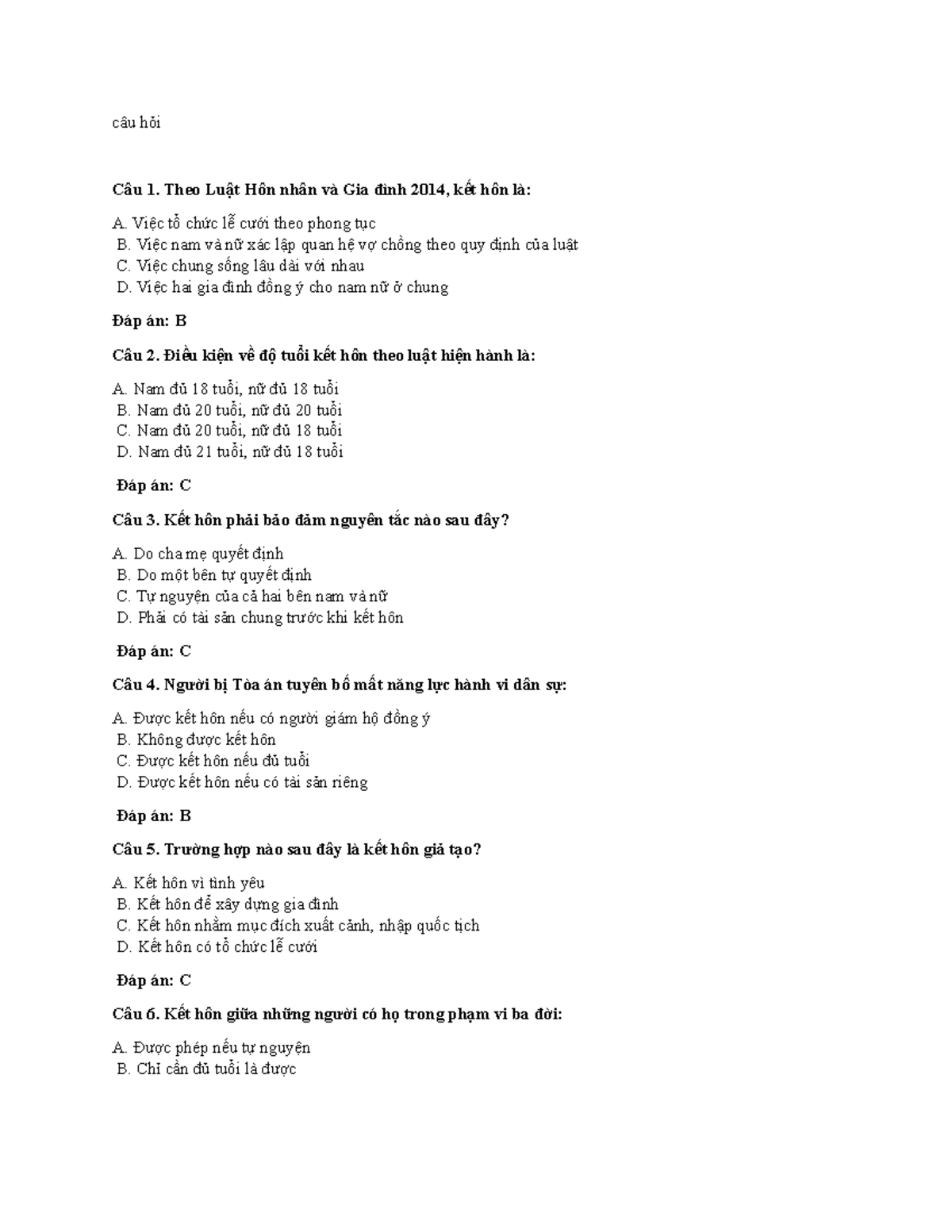 Câu hỏi ôn tập Luật Hôn nhân và Gia đình 2014 - Môn Học 123 - Studocu