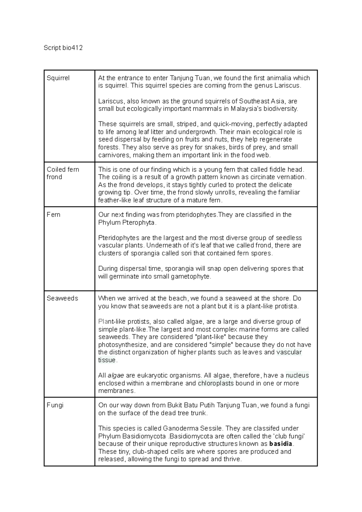 Bio412 Field Study: Squirrel, Ferns, Seaweeds, and Fungi Findings - Studocu