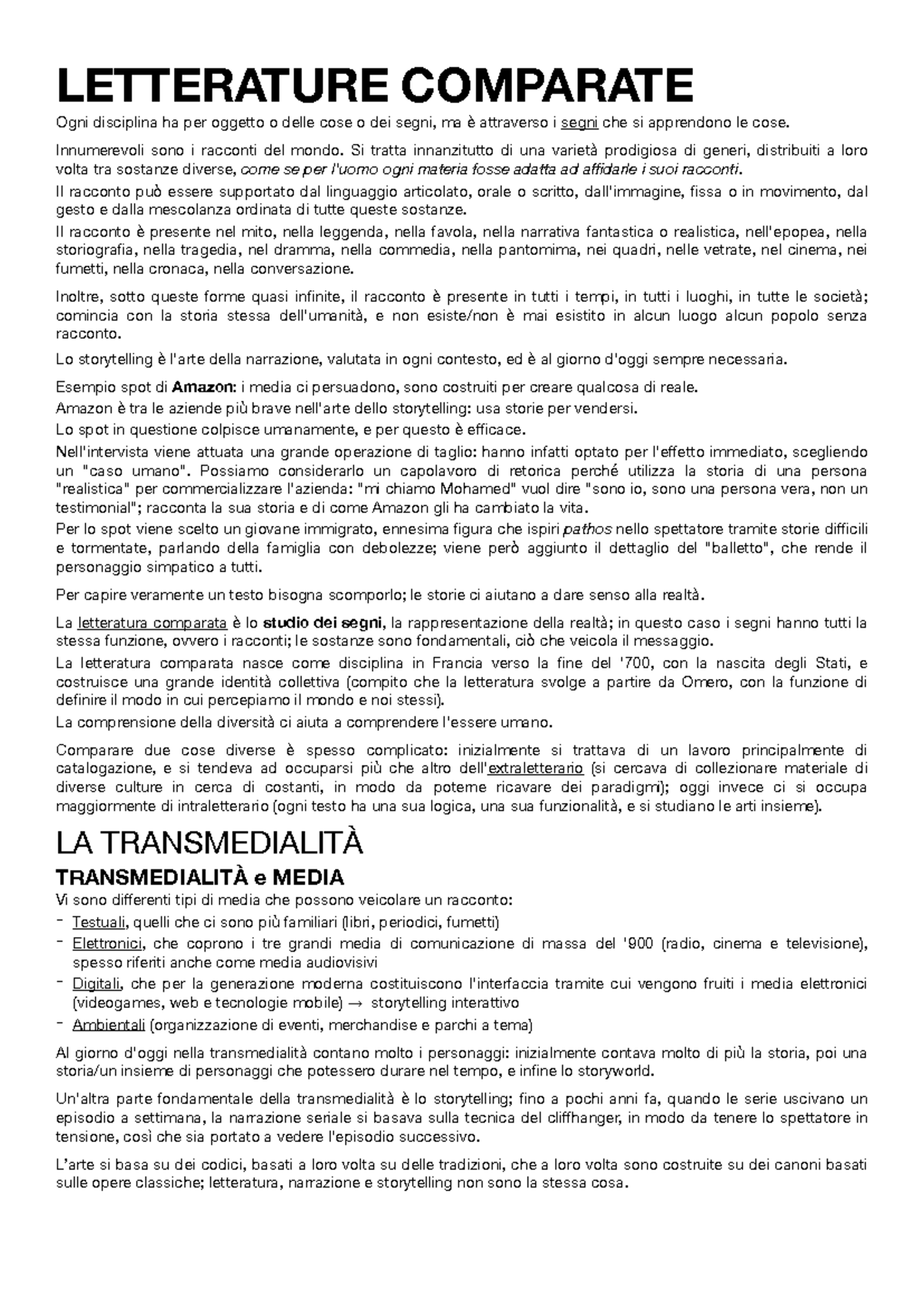 Appunti di LETTERATURE COMPARATE: Racconti e Transmedialità - Studocu