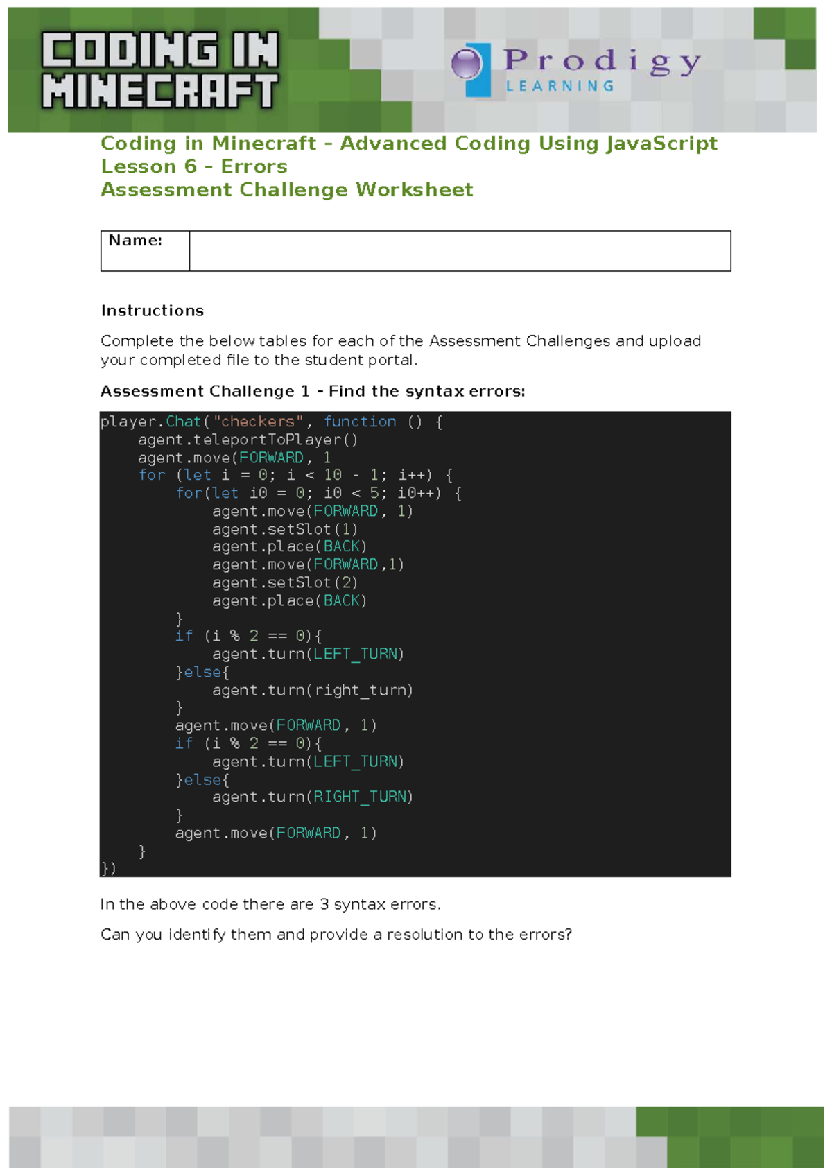Coding in Minecraft (CS101) Lesson 6: Errors Assessment Challenge ...