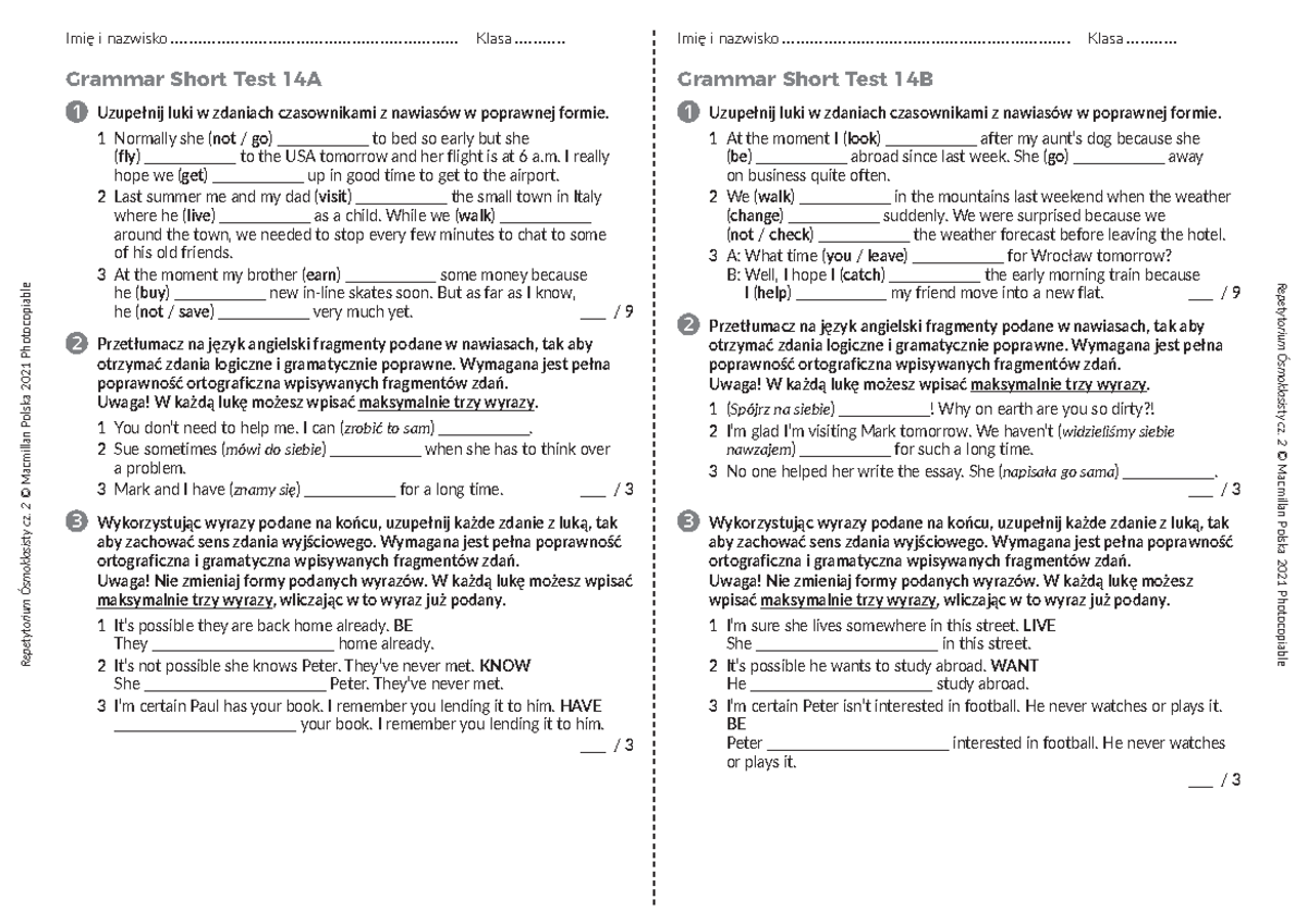 Unit 14 Grammar Short Test A&B Answers and Exercises - Studocu