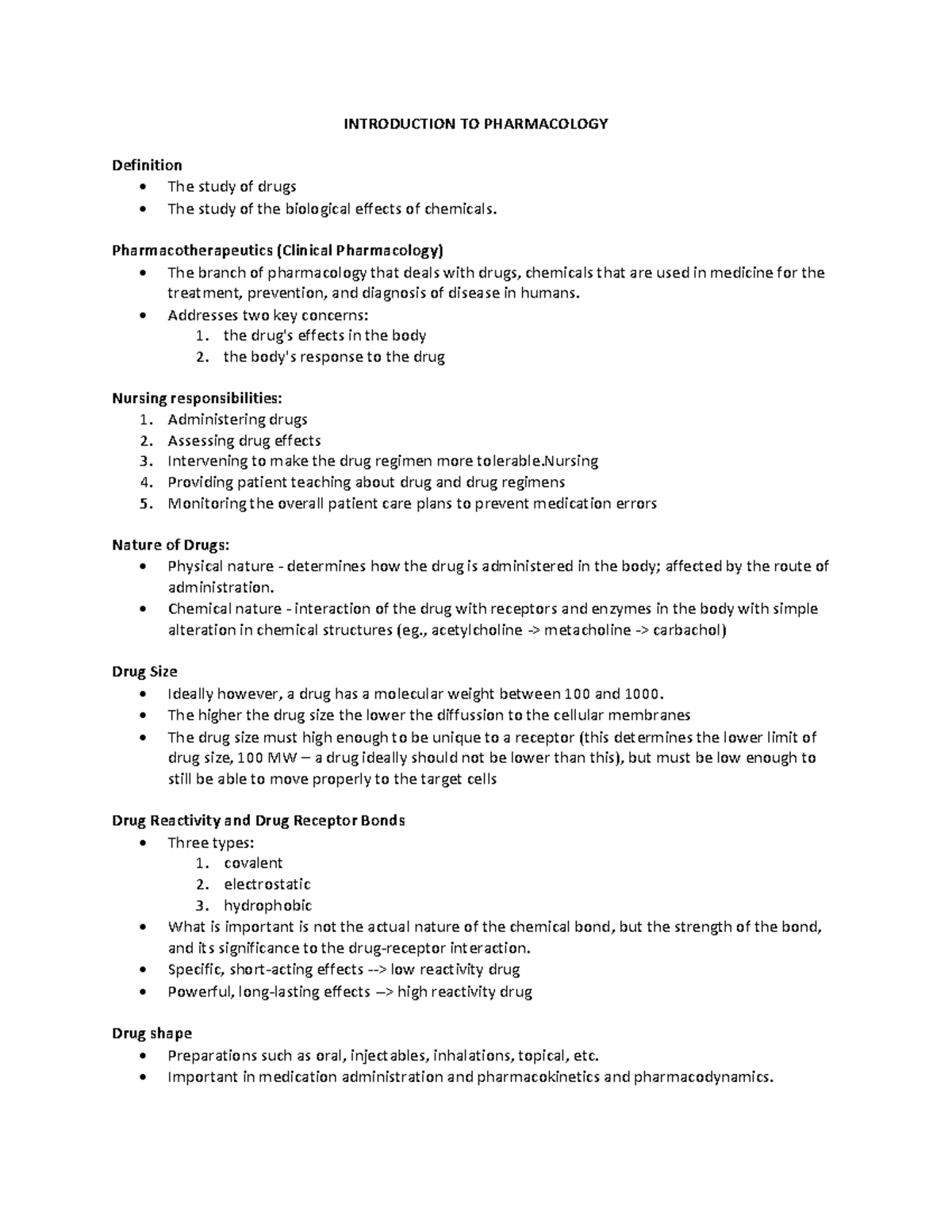 Pharmacology Lecture Notes - Introduction to Drug Action & Dosage - Studocu