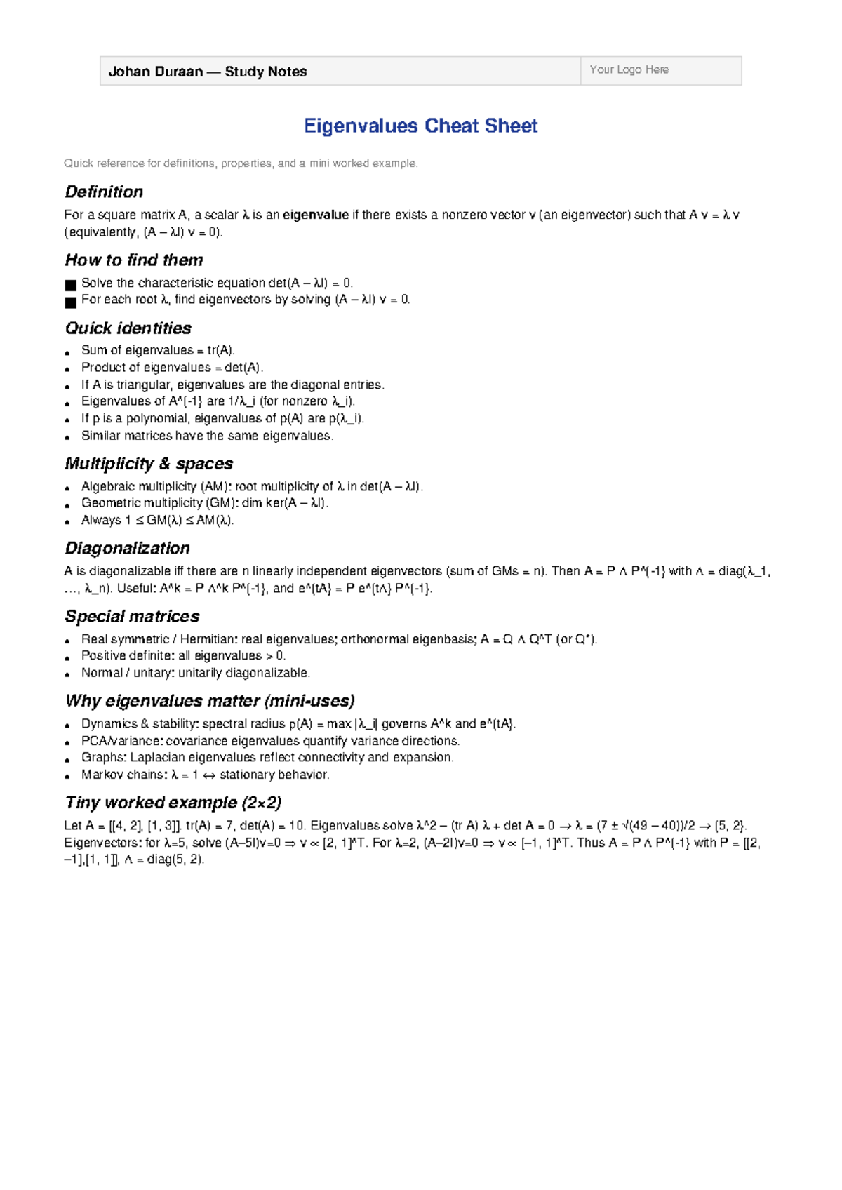 Eigenvalues Cheat Sheet: Quick Reference for Definitions & Properties - Studocu