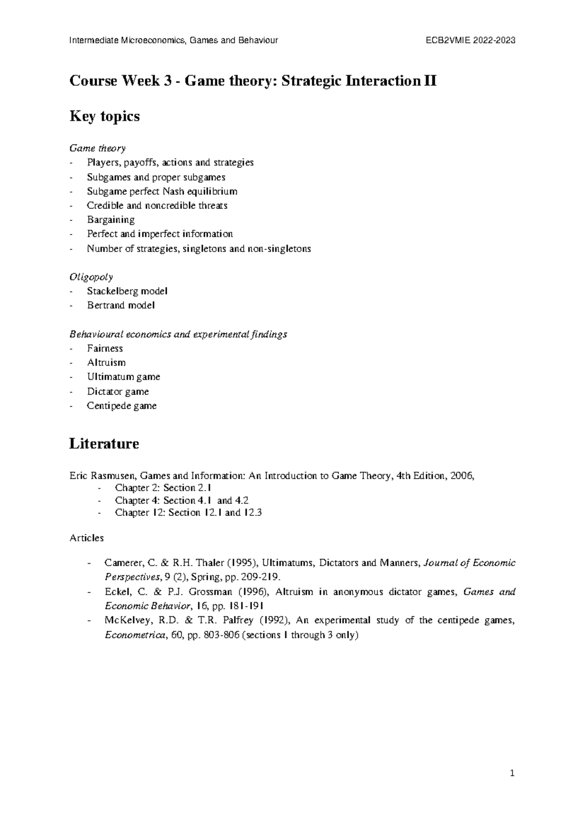 Game Theory Tutorial Exercises: Week 3 (2022-2023) - Studeersnel
