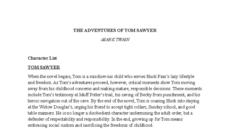 Character Analysis of "The Adventures of Tom Sawyer" (ENG 101) - Studocu