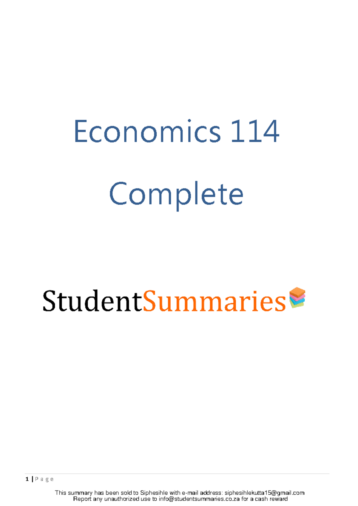 114 - Lecture notes 1-10 - 1 | P a g e Economics 114 Complete This ...