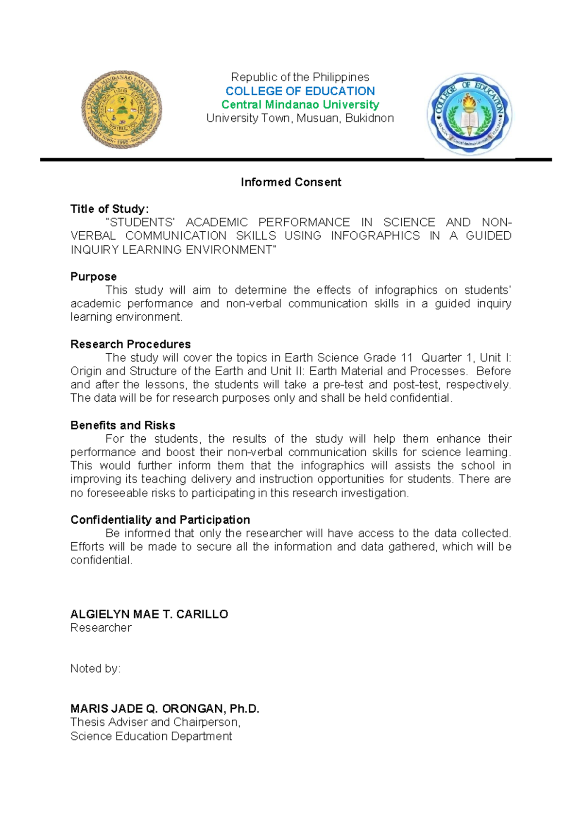 Informed Consent for Thesis: Students’ Academic Performance in Sci ...