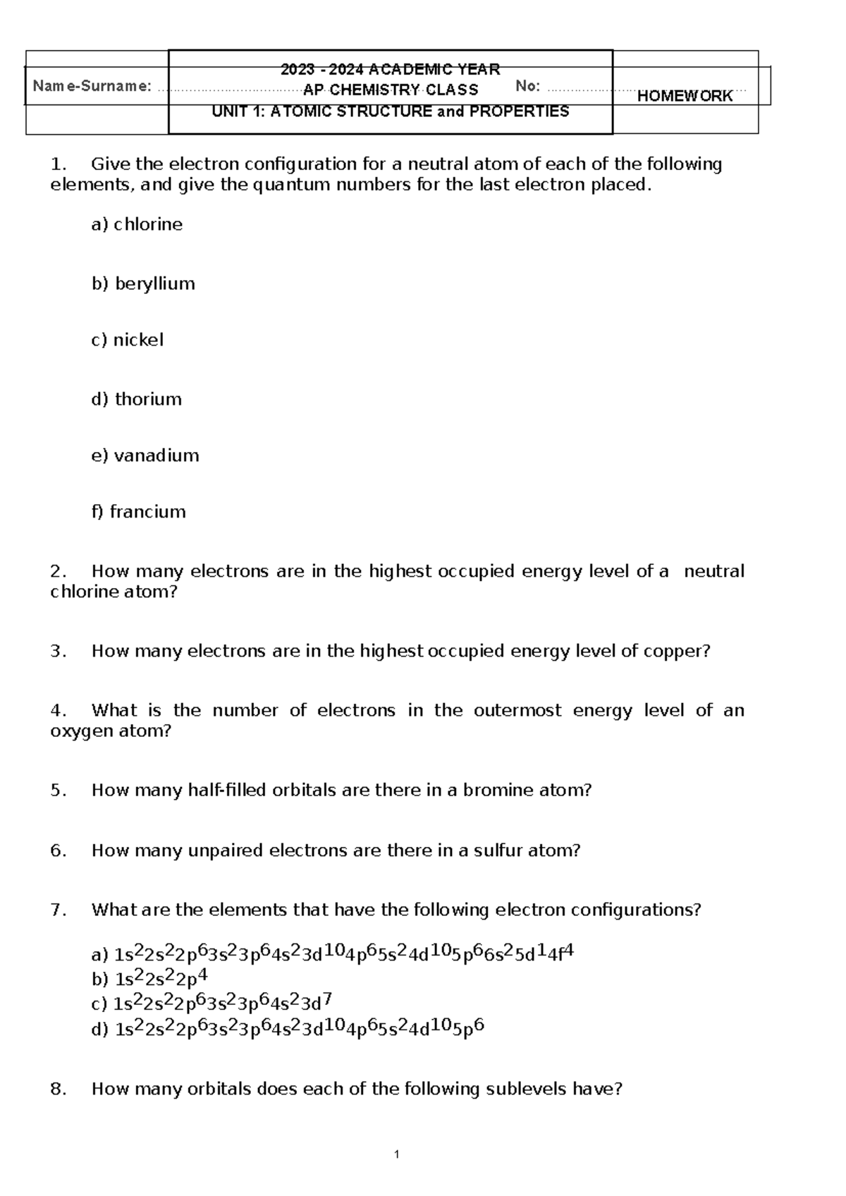 AP CHEMISTRY HW: UNIT 1 - ATOMIC STRUCTURE & PROPERTIES - Studocu