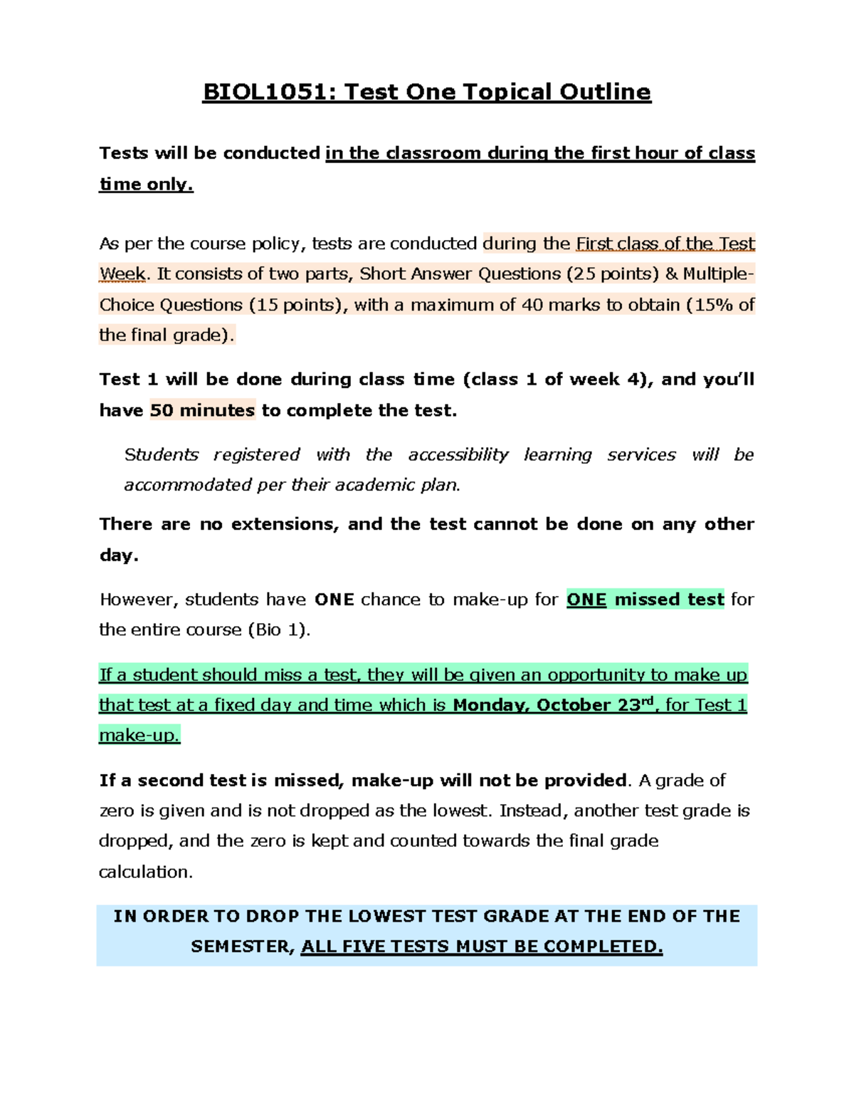 BIOL1051: Test 1 Topical Outline & Essential Study Points - Fall 2023 ...