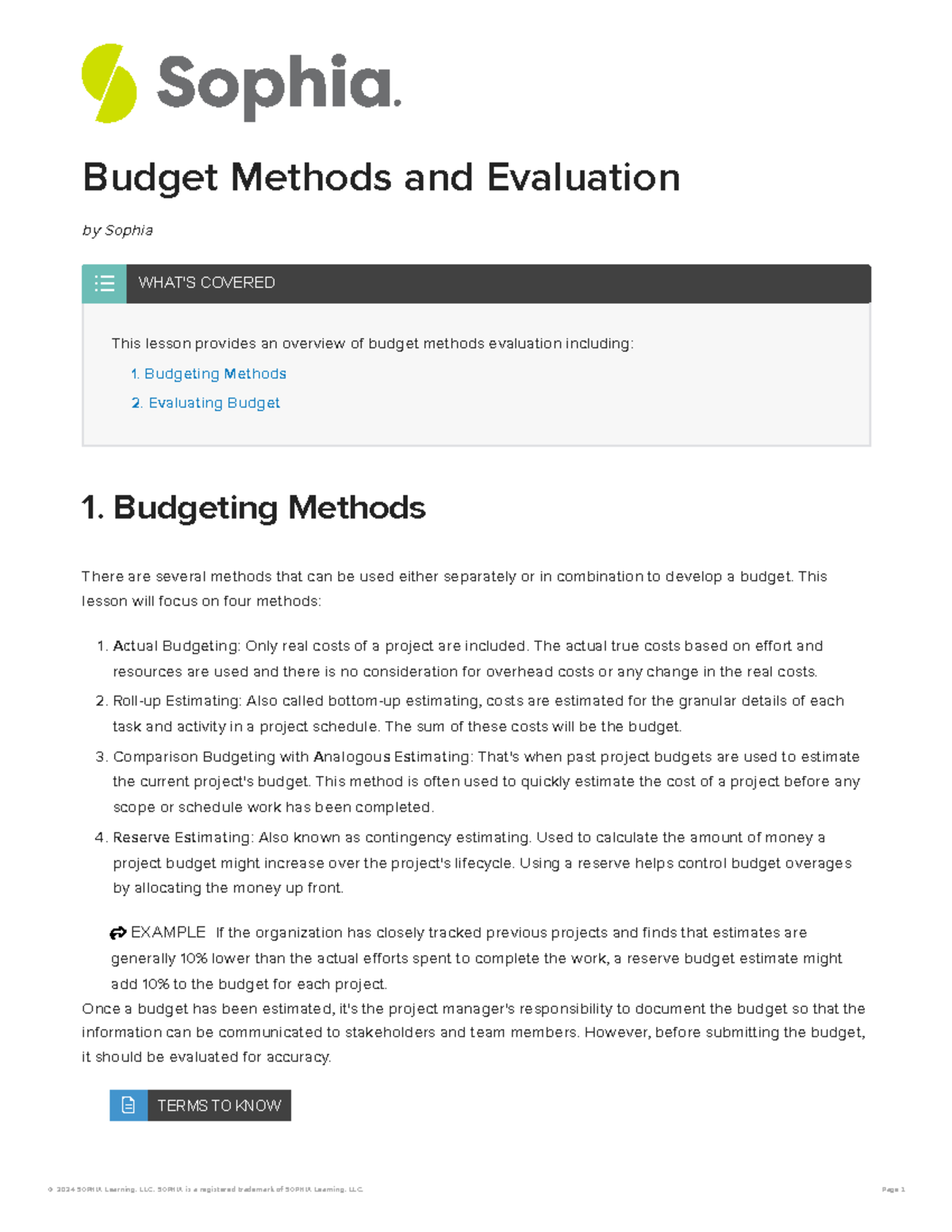 Budget Methods & Evaluation: A Comprehensive Lesson (SOPHIA) - Studocu