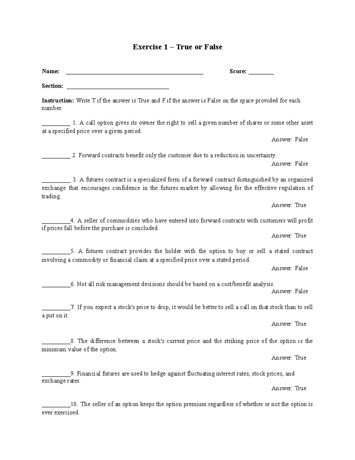 Finance 101 - True/False & Multiple Choice Exercises - Studocu