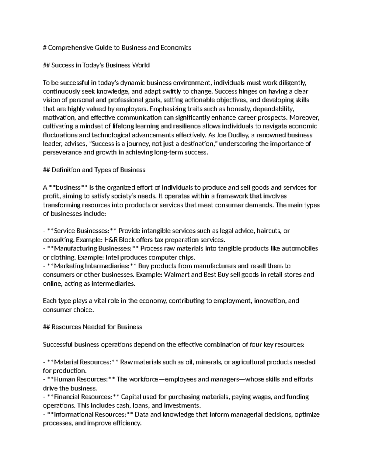 Chapter 1 Notes: Comprehensive Overview of Business & Economics - Studocu