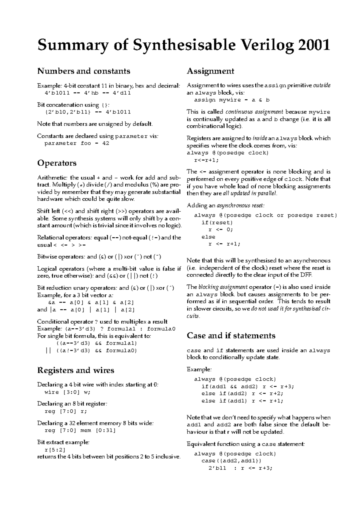 Verilogcheatsheet Cheat Sheet Summary Of Synthesisable Verilog 2001 Numbers And Constants
