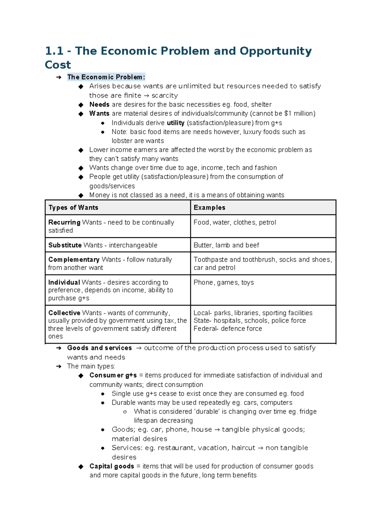 Topic 1 notes section 1 - 1 - The Economic Problem and Opportunity Cost ...