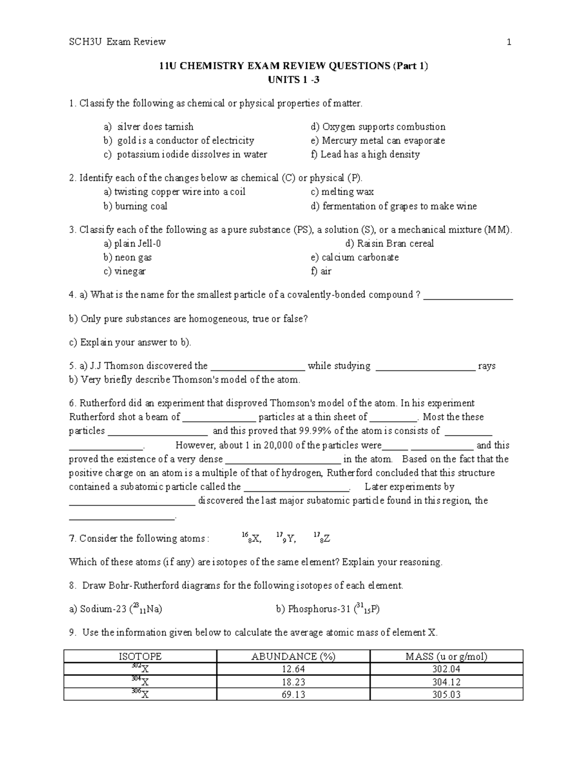 11U SCH3U Chemistry Exam Review Questions: Comprehensive Guide - Studocu
